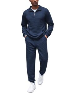 coofandy men's tracksuit 2 piece quarter zip sweatsuit workout plaid jacquard jogging suit set