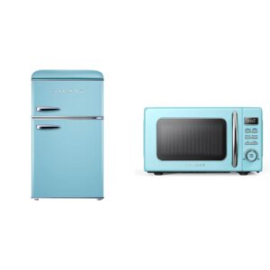 galanz glr31tbeer retro compact refrigerator, 3.1 cu ft, blue & glcmkz07ber07 retro countertop microwave oven with auto cook & reheat, defrost, quick start functions, 7 cu ft, blue