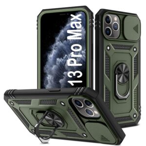 pasnew for iphone 13 pro max case military,camera cover slide & magnetic ring kickstand,multi-layer rugged heavy duty full body shockproo hard shell 13promax,army green