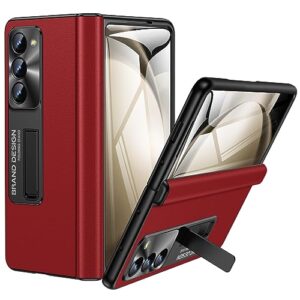 spoovcto for samsung galaxy z-fold-5 case: genuine leather phone case with full hinge protection & kickstand & screen protector for samsung z fold 5 5g 2023 (red)