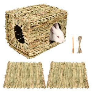 grass house for rabbits (1pc) and grass mat for rabbit bunny(2pcs) sangle sopffy, hand woven straw hut, small animal cages hay mat for guinea pig parrot rabbit bunny hamster chinchilla squirrel…