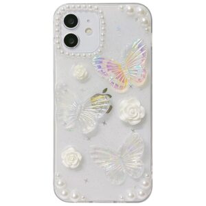 lolagigi for iphone 13 pro max case cute butterfly flower pearl 3d twinkle glitter spark luxury girly aesthetic personalized design for women girls transparent epoxy tpu case, 6.7", clear