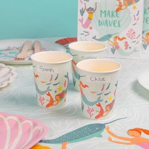 talking tables mermaid themed paper cups recyclable & eco-friendly kids birthday party tableware decorations for colorful under the sea celebrations or baby shower 8-pack