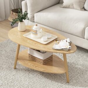 maupvit coffee table-oval wood table with open shelving for storage and display 2 tier sofa table, small modern furniture living room&home office-nature wood