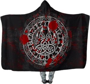 burnar medieval 3d printing hooded blanket warm bear claw vegvisir rune unisex winter wearable hooded blanket double layer thick plush wool blanket cloak (color : blanket, size : 80x60in/150x200cm)