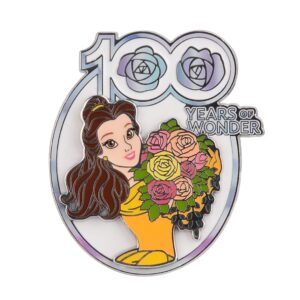 disney 100th anniversary boxed princess enamel pin featuring belle with floral accents, pack of 1, limited edition collectors pins, themed jewelry, 2” x 1.75”, amazon exclusive, silver tone