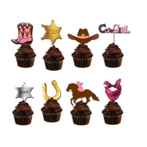 32 pcs cowboy cupcake toppers for cowboy western party decorations,glitter horseshoe cowboy hats boots cowboy cake topper picks western theme baby shower birthday party cake decorations supplies