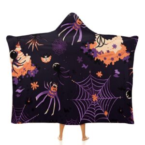 seamless pattern halloween spider web purple hooded blanket happy halloween big hug fleece hooded blanket for women men soft cozy blanket snuggling sofa bedding 40"x50" spring summer blanket hoodie