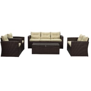 thy-hom rio 5 piece outdoor patio furniture sets, patio furniture outdoor sectional sofa, all weather woven wicker patio sofa brown pe rattan patio conversation set w/cushion and table