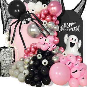 yjdfwaut 185pcs black pink halloween balloon garland arch kit, pink halloween decorations party supplies for girl, large size halloween balloon garland, foil balloon, 3d bat stickers