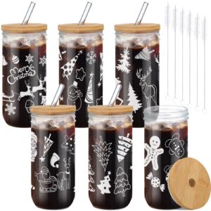 zhehao 6 pack christmas glass cups 24 oz christmas mason jars with lids and straws christmas tumbler drinking glasses beer can shaped coffee cups for wine tea water xmas decorations gift