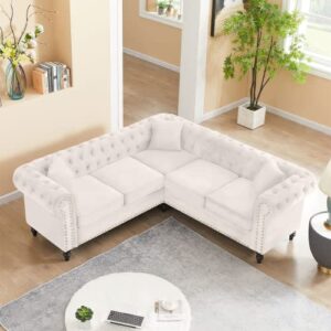 rarzoe chesterfield l shaped sectional sofa couch, deep button tufted velvet upholstered rolled arm classic chesterfield settee sofa, modern 5 seater couch furniture for living room, white