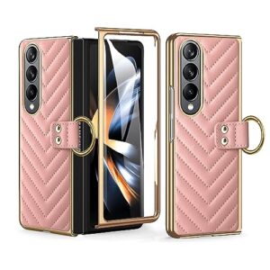 designed for samsung galaxy z fold 5 case with ring holder & built-in screen protector women stylish quilted leather luxury gold plated frame case for samsung z fold 5 2023,pink