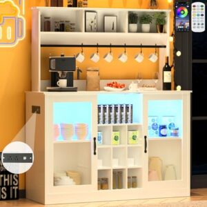 vinctik 6&fox farmhouse led coffee bar w/60000-color lights,power outlet,7 hooks,9wink racks,adjustable shelf for tea liquor wine.sliding glass door