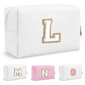 personalized initial preppy travel makeup bag organizer, small white cute cosmetic bag toiletry zipper pouch for women, portable waterproof pu makeup case birthday gift for female women(letter l)