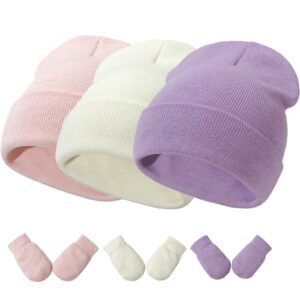 baby hats and mittens set infant toddler beanie caps hospital hat set newborn gloves for baby boys girls white/pink/purple s