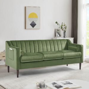 ridfy modern velvet chesterfield sofa couch, large 3 seats love seats sofa furniture, 76" comfortable upholstered cofa with wooden frame and wood legs for living room/bedroom/office (green)