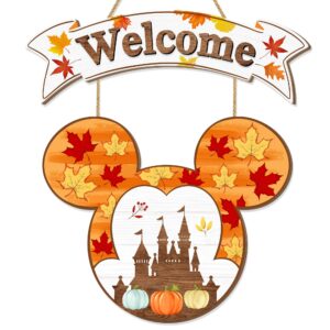 fall mouse welcome door sign, thanksgiving wall decor autumn harvest mouse wood hanging sign for front door, porch plaque wooden thanksgiving pumpkin maple leaf door decor, fall party supplies