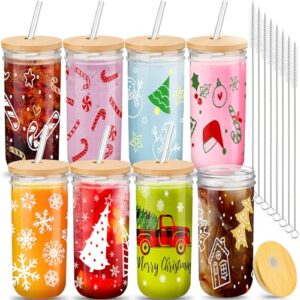 tioncy 8 sets christmas cups 24 oz christmas mason jars with lid and straw christmas tumbler drinking glasses coffee cups glassware water bottles xmas gift for women kids men(stylish)