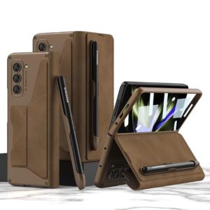 ximand for samsung galaxy z fold 5 5g case with s pen holder (removable),2 card slots,explosion-proof glass,protective anti-scratch,hard slim leather bracket case with screen protector(brown)