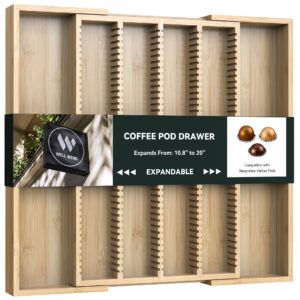 well weng larger expandable bamboo organizer holder for counter drawer insert - compatible with nespresso vertuo capsules - tea bags storage (natural)