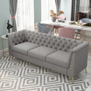 kevinplus 82.6'' chesterfield sofa couch for living room, classic modern velvet 3-seat upholstered sofa couch for apartment bedroom office, strong gold metal legs, light grey