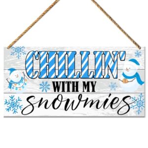 winter wood sign decor, christmas wall decor for home door porch holiday decorations farmhouse snowman snowflake xmas hanging sign decor, chillin' with my snowmies