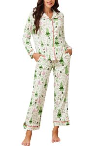 lubot christmas pajamas 100% cotton pajama for women soft button-down long sleeve xmas 2 piece pj sleepwear loungewear (christmas tree,m)