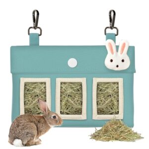 rabbit hay feeder, bunny hay bag for rabbits,rabbit feeder fabric bag feeder storage bag,3 holes cotton canvas fabric hanging hay feeder bag for small animal,hay guinea pig(macaron green)