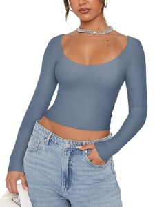 reoria womens sexy casual scoop neck long sleeve double lined t shirts fall fashion basic cute y2k trendy fitted shirts crop tops dove blue small