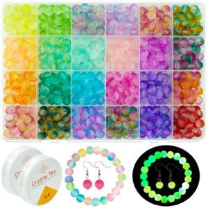 630pcs glass beads for jewelry making, 24 color 8mm glow in the dark glass beads for bracelets making gemstone loose spacer beads for diy craft friendship bracelets necklace earring (8mm-glowing)