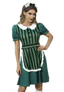 halloween women's maid apron castmember cosplay costume puff sleeve haunted masion ghost party dress green s