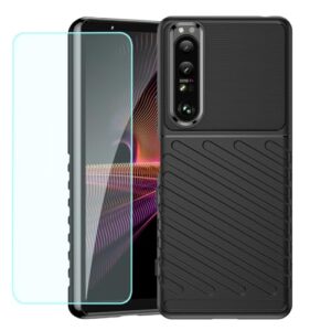 dftcvbn phone case for xperia 1 iii case, sony 1 iii xqbc62/v case with screen protector, military grade shockproof rugged shield anti-scratch soft tpu back cover cases for sony xperia 1 iii black