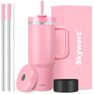 40 oz tumbler with handle and straw, 2 lids (2 in 1 & leakproof lid) - vacuum insulated stainless steel double wall water bottle travel coffee mug - christmas holiday gifts for women mom grandma, pink