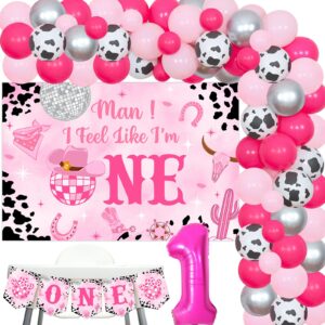 kreat4joy disco cowgirl 1st birthday decorations, man i feel like i'm one party decorations backdrop, western hot pink balloons garland arch number 1 foil balloon one high chair banner for first rodeo