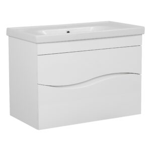 bath oasis - sample of cabinet finish | modern wall-mounted bathroom vanity with washbasin | wave white high gloss collection | non-toxic fire-resistant mdf-no mirror