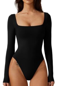 qinsen womens sexy square neck double lined seamless fitted long sleeve bodysuit tops black l