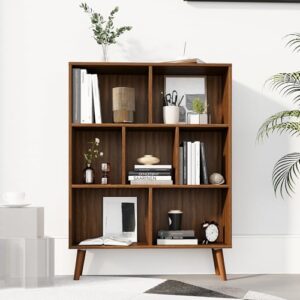 dify wooden bookcase 7 cube open bookcase with legs, display bookshelves storage organizer shelf for living room, home office and bedroom, walnut