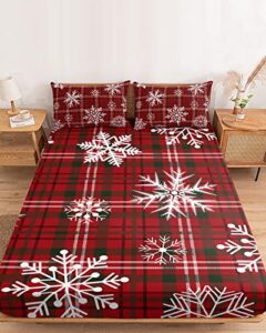 christmas fitted bed sheet full size,winter snowflake soft bottom sheet with pillow case,green red tartan plaid fitted sheet bedding set for mattress fit 5"-16" deep pockets