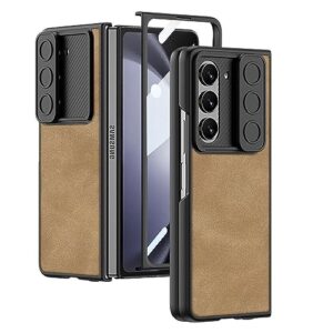 case for samsung galaxy z fold 5,retro shockproof slim pu leather lightweight protective case slide lens cover with screen protector for samsung galaxy z fold 5 2023(brown)