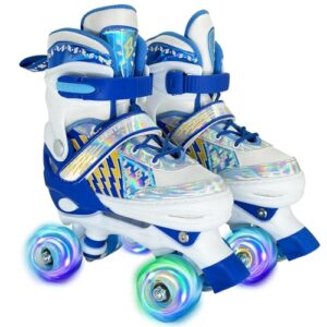 whicow roller skates for boys girls, 4 sizes adjustable quad skates for kids with all light up wheels, full protection for toddler's indoor and outdoor sports (blue, medium (3y-6y us))