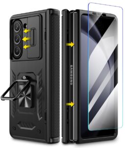 upgraded for galaxy z fold 5 case, samsung fold 5 case with screen protector, kickstand ring holder, slide camera cover and hinge protection - shockproof for z fold 5 5g phone - black