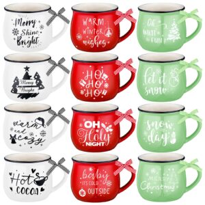 suttmin 12 pcs ceramic christmas mugs set 12 oz christmas coffee mugs with ribbon christmas cups for tea and coffee xmas holiday gift tiered tray decor for hot cocoa kitchen table, red, green, white