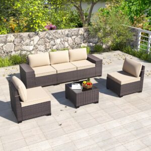 halmuz 6 piece patio furniture sets outdoor conversation sofa set, all-weather high back pe rattan wicker sectional furniture patio sofa w/tempered glass top table&thickened cushions(cream)