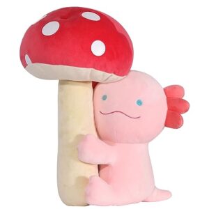 haijunya 15" cute mushroom axolotl plush pillow, kawaii red mushroom axolotl stuffed animals toy decor, soft squishy plushies gifts for girls, christmas, birthday