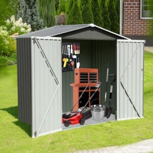 outdoor storage shed 7×4.2 ft with lockable doors, heavy duty galvanized metal garden shed with air vent, tool sheds storage house for backyard garden patio lawn-dark gray