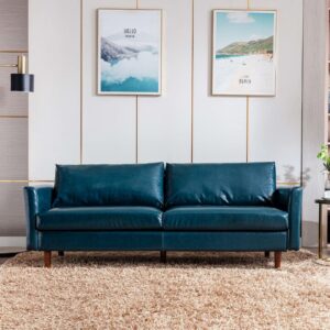 dreamsir 80'' faux leather sofa couch, mid-century modern couch with solid wooden frame & padded cushions, 3-seater couch for living room, apartment, lounge room (peacock blue)