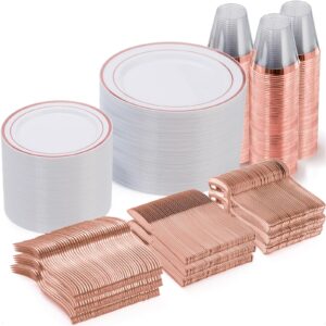 goodluck 600 pieces rose gold disposable plates for 100 guests, plastic plates for party, wedding, dinnerware set of 100 dinner plates, 100 salad plates, 100 spoons, 100 forks, 100 knives, 100 cups