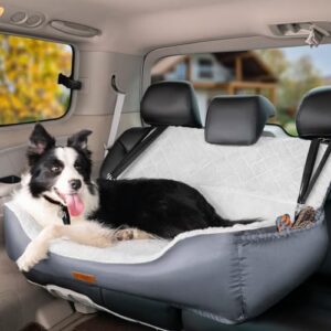 funniu dog car seat, pet car seat for medium/large dogs or two small dogs, dog car bed travel safety fully detachable washable for back seat with soft cushion, light grey