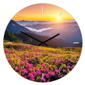 soul décor pink flower field wall clock, silent non-ticking, battery operated kitchen clock, aluminum composite face, suitable for offices, bedrooms, and bathrooms 12 inch round